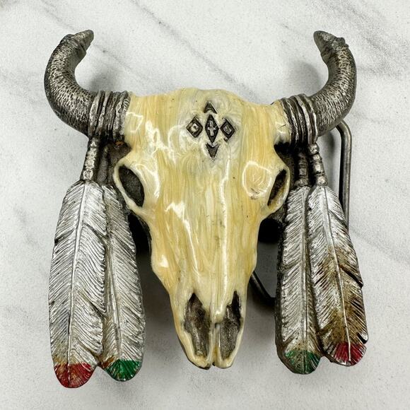 Vintage | Accessories | Vintage 992 Bull Skull Feather Silver Tone ...